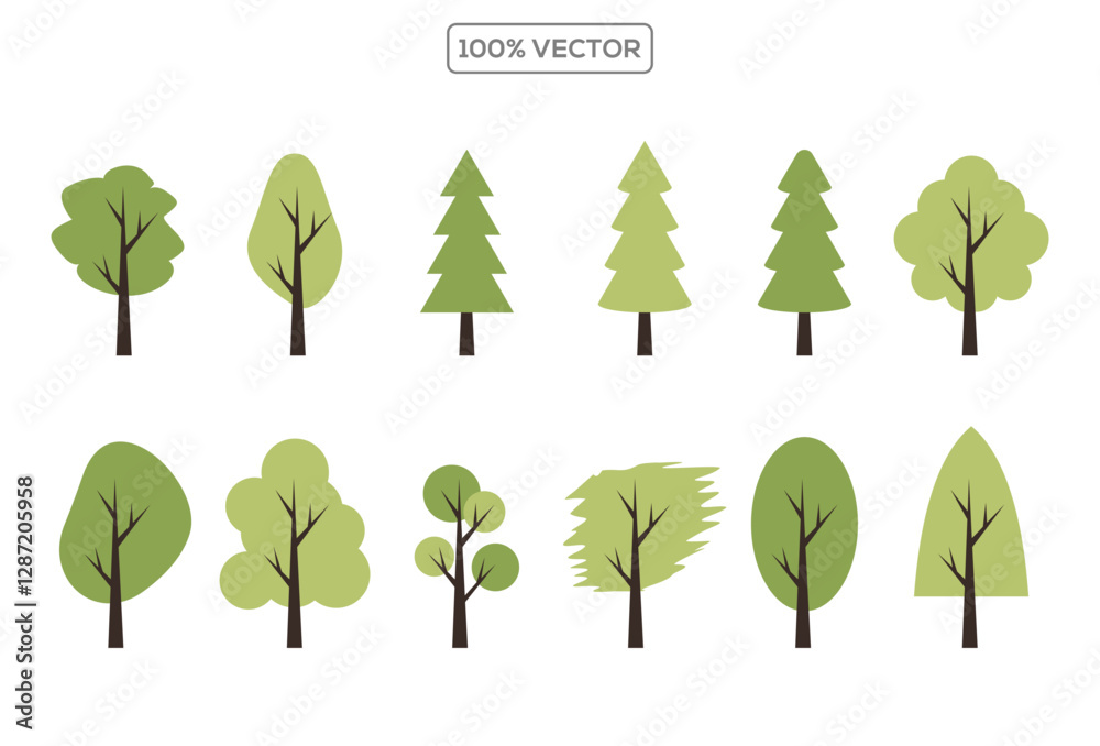 Green tree vector icon set. Wood with leaf natural collection in flat style. Tree simple ...