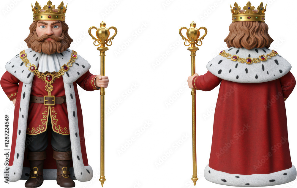 Cartoon King Character 3D Render Front and Back Views Royal Robe Crown ...