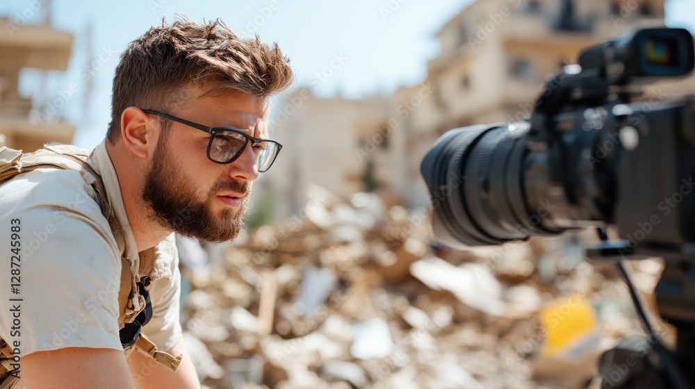 War journalist documenting the aftermath of conflict in a devastated ...