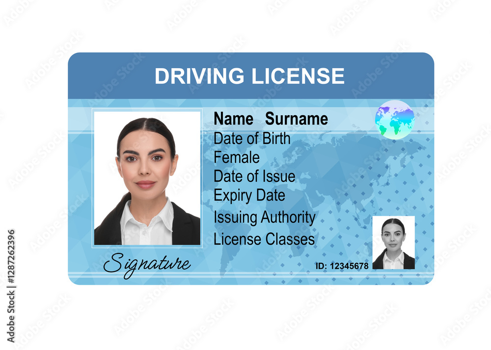Driver's license with photo of woman and world map illustration ...