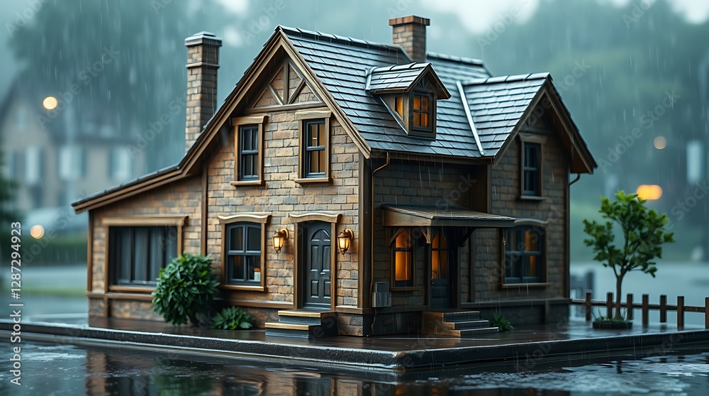 Cozy wooden cottage, rainy day, stormy weather, atmospheric lighting ...