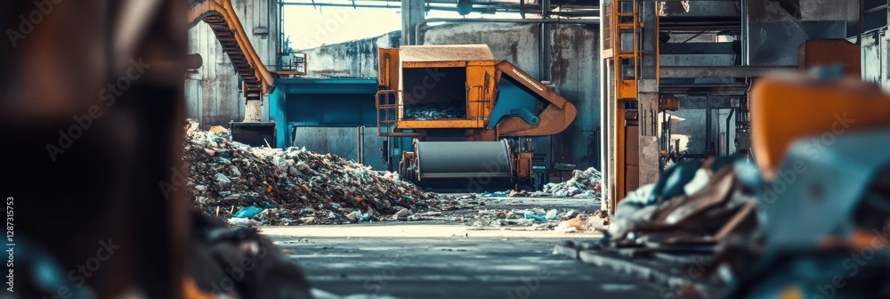 Recycling plant showcasing conveyor belts and sorted waste in an industrial setting with space ...