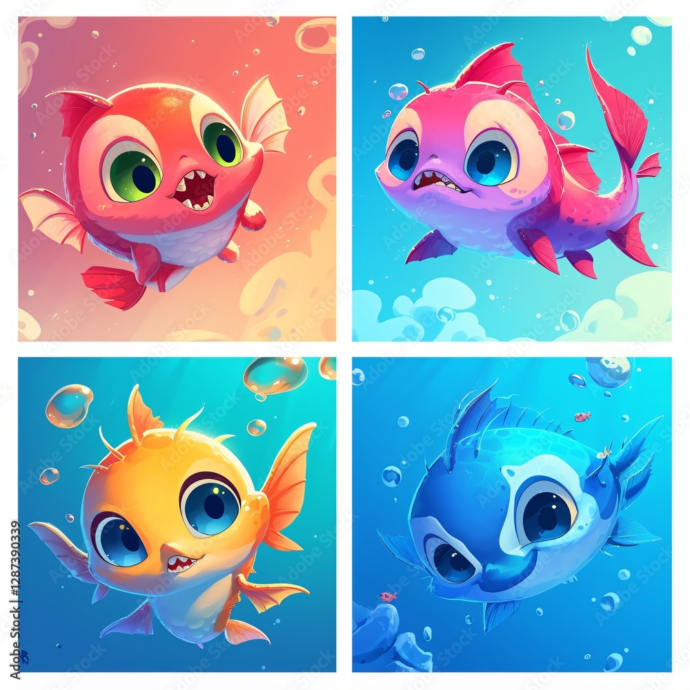 Cute cartoon baby sea creatures collection with big eyes in blue and ...