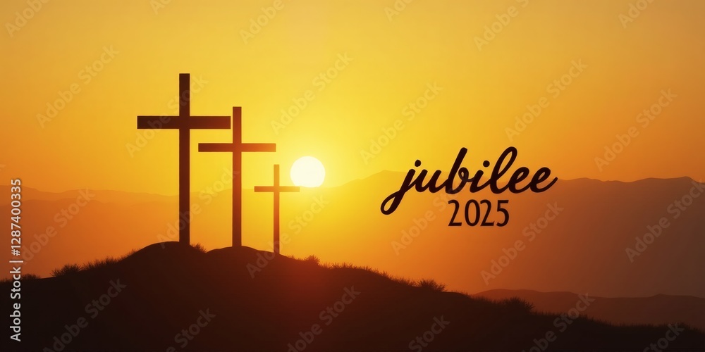Jubilee 2025 Christian, cross in a golden sunrise landscape with year ...