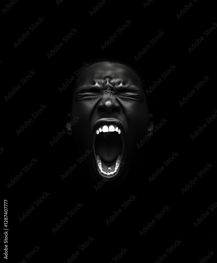person screaming in terror against black background, expressing intense ...