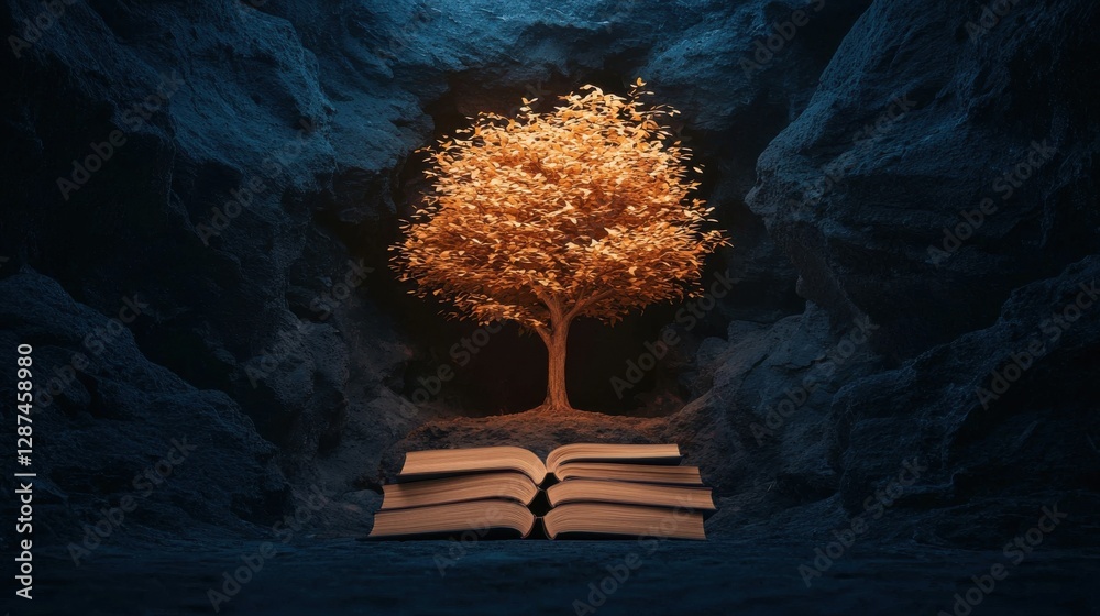 Growth Mindset concept. Tree of Knowledge Blossoming from an Open Book ...