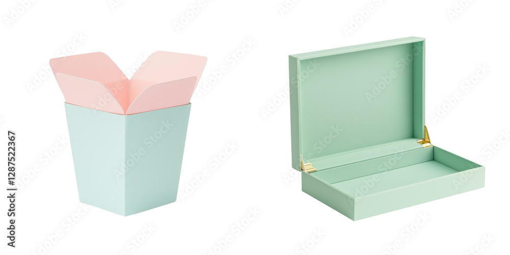 Minimal compact packaging. Two stylish mint-green boxes: one with an ...