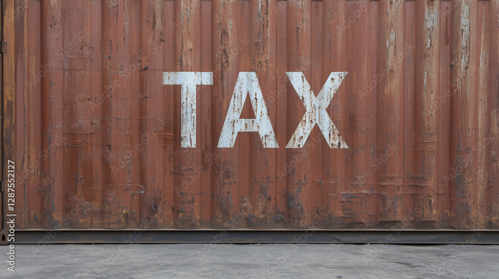 Taxation's Weight: A weathered shipping container bears the bold ...