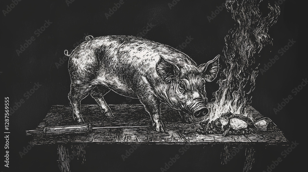 pig roasting on a spit over an open flame, featuring classic tattoo ...