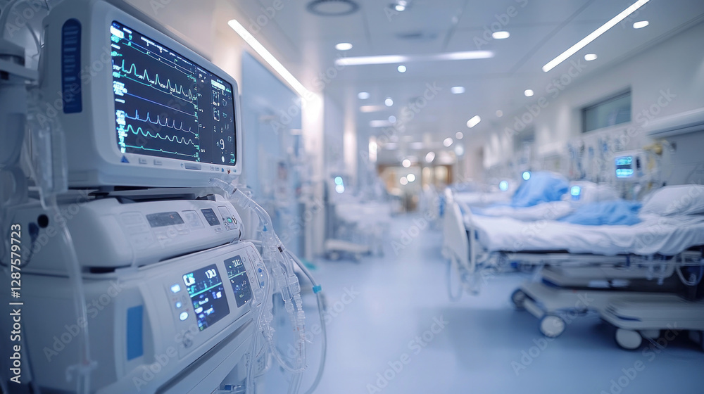 An intensive care unit (ICU) with a critically ill patient connected to ...