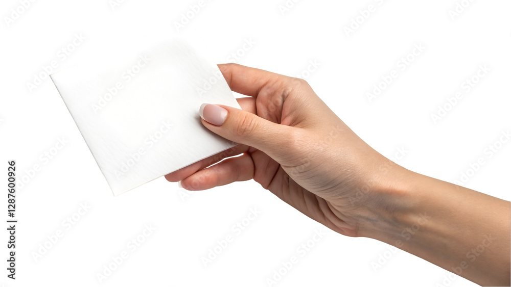 Hand holding a small sheet of empty white paper cut out transparent ...