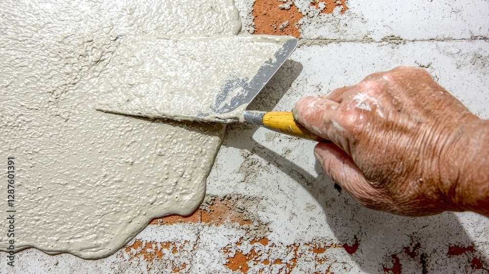 Applying plaster on brick wall construction site diy project indoor ...