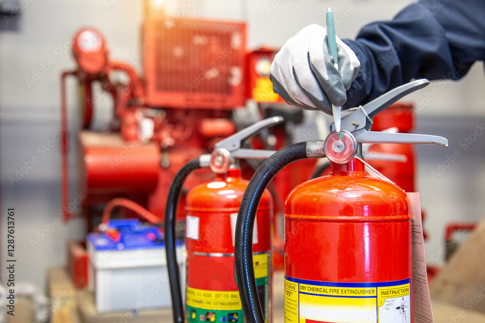 Engineer are checking and inspection a fire extinguishers tank in the ...