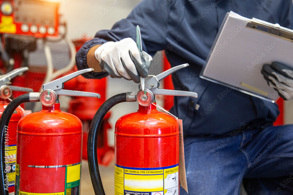 Engineer are checking and inspection a fire extinguishers tank in the ...