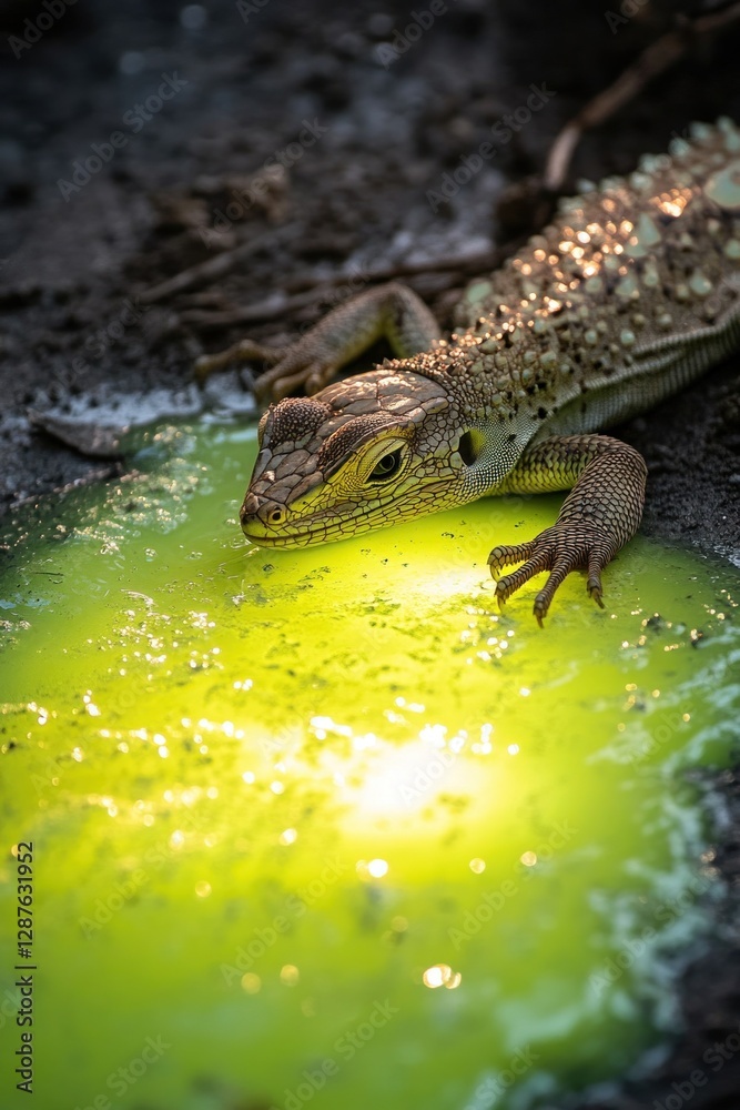 Spiny tailed lizard drinking poisonous water in the desert Stock Photo ...