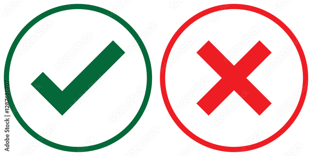 Hand drawn checklist symbols. Green check mark and red cross mark ...