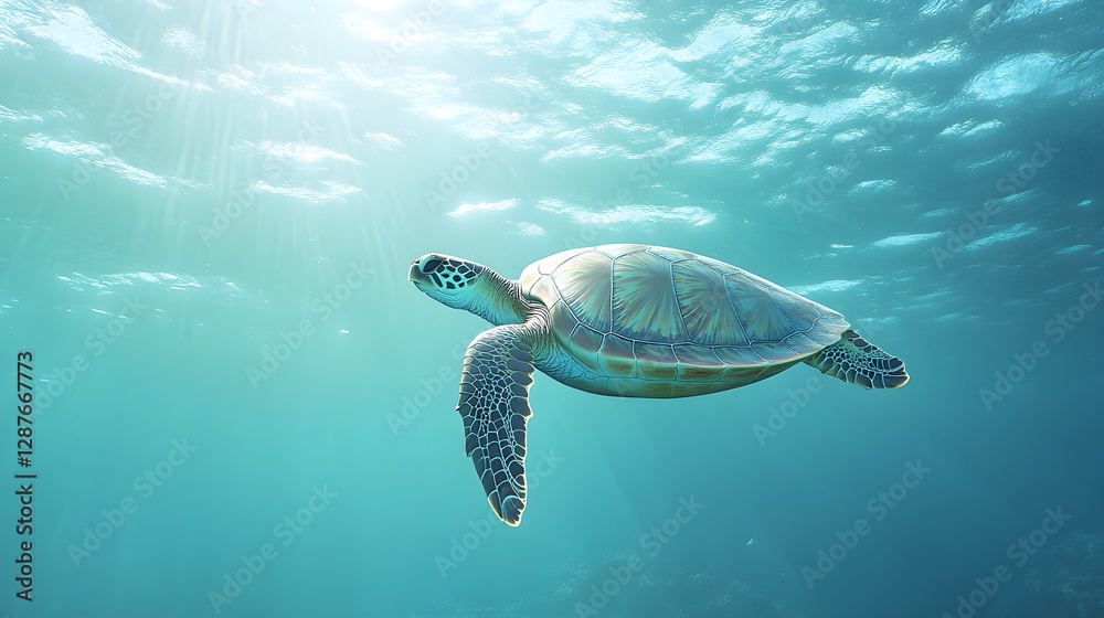 Photorealistic View of a Sea Turtle Swimming Near the Ocean Surface ...