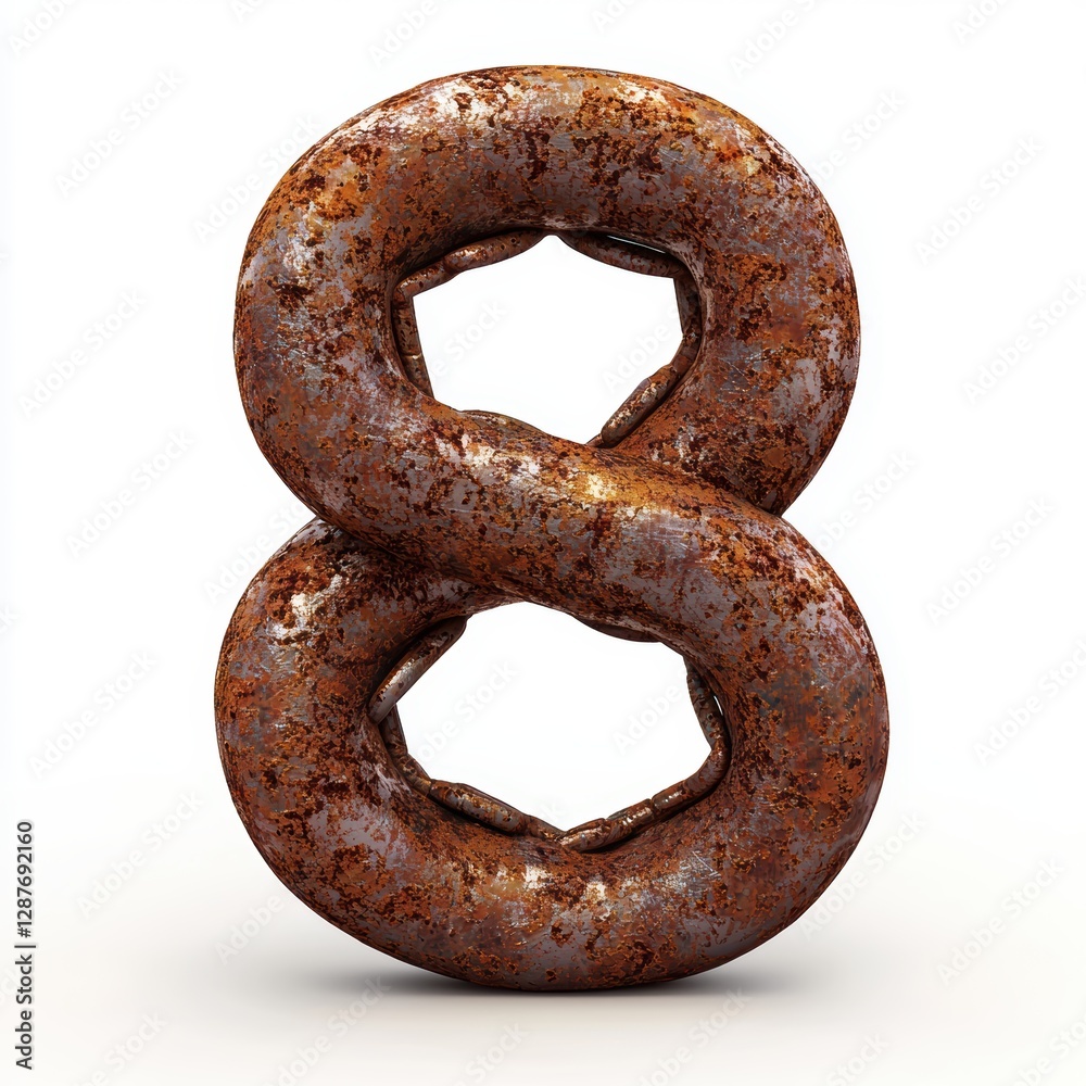 Number 8 made of rusted iron chains tightly coiled together with ...