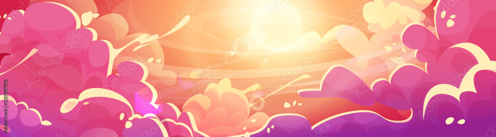 Anime styled cloudy sky panorama with glowing orange sunset rays ...
