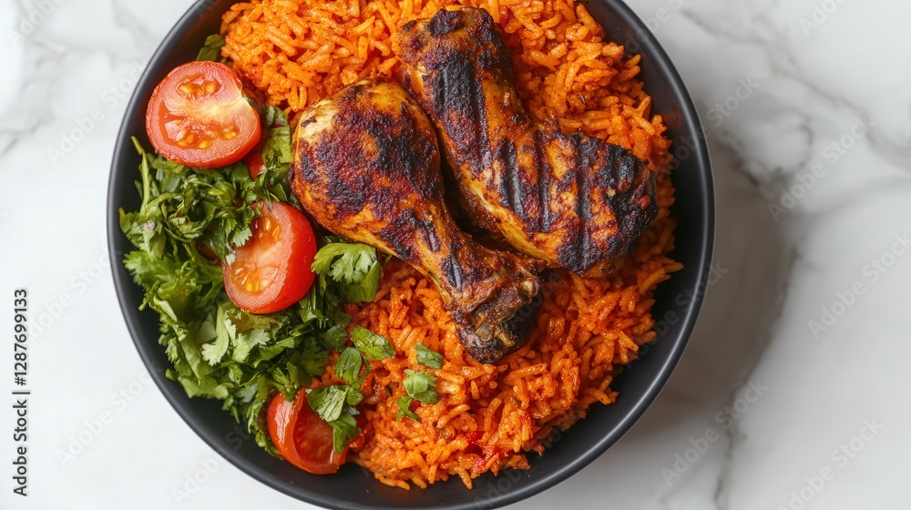 Ghanaian jollof rice, a vibrant red rice dish with tomatoes, spices ...