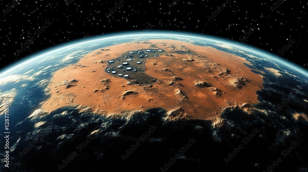 satellite image of a biodome on Mars, housing a self-sustaining human ...