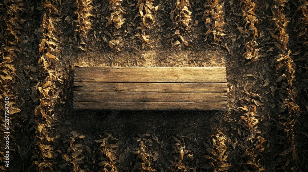 Overhead view of ancient oak table centered in vast cornfield ...