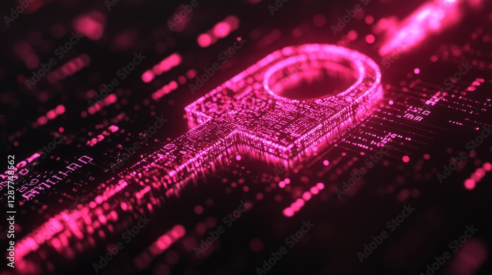 Glowing digital key symbol radiating intense pink light waves, rippling binary code matrix ...