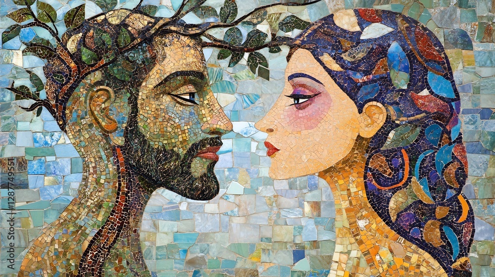 Mosaic artwork of Adam and Eve with colorful tiles and detailed ...
