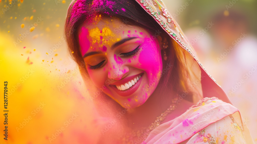 Indian woman in traditional dress playing Holi festival of colours ...