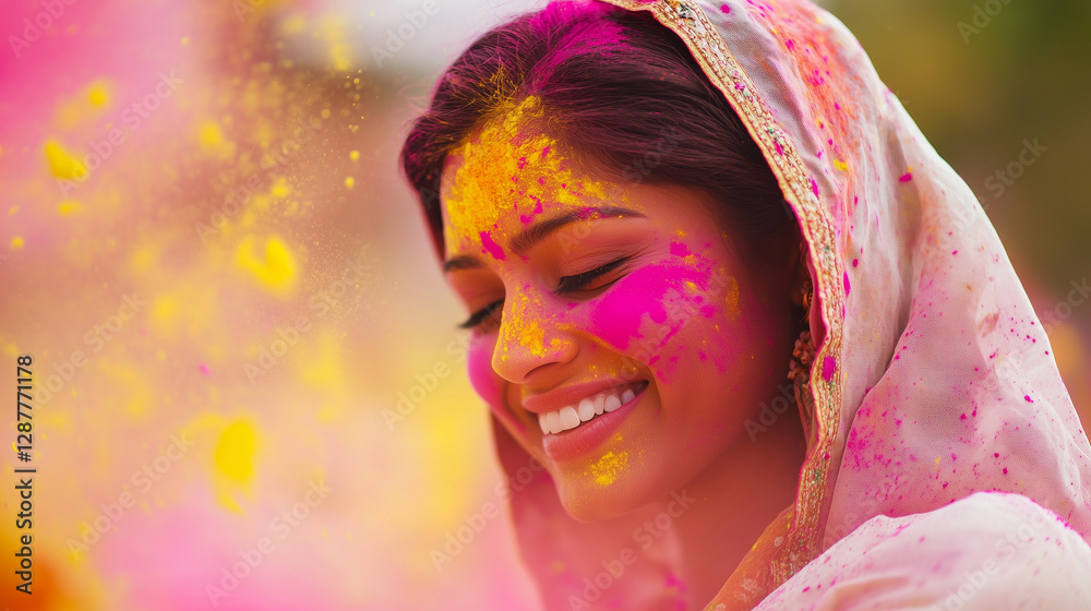 Indian woman in traditional dress playing Holi festival of colours ...