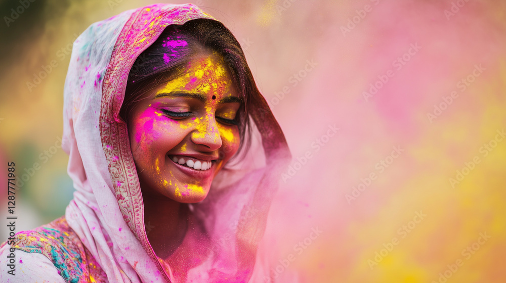 Indian woman in traditional dress playing Holi festival of colours ...