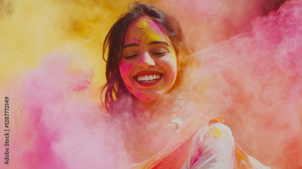 Indian woman in traditional dress playing Holi festival of colours ...