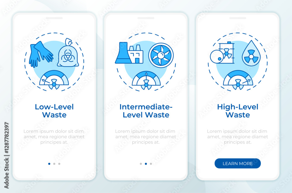 Types of nuclear waste blue onboarding mobile app screen. Walkthrough 3 ...