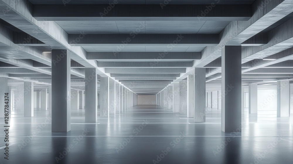 parking garage, with rows of concrete supports and floors being added ...