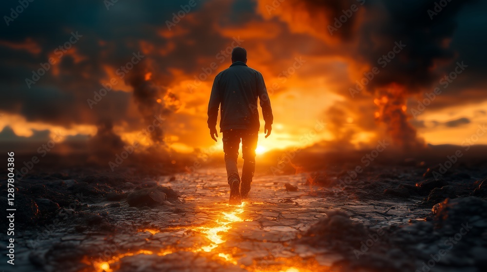 Lone man walking through a scorched, burning wasteland in a post ...