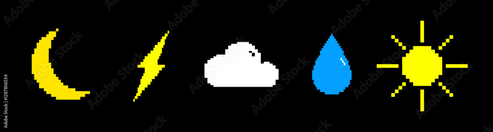 Y2k retro style pixelate symbol and object set. Weather symbols. Moon ...