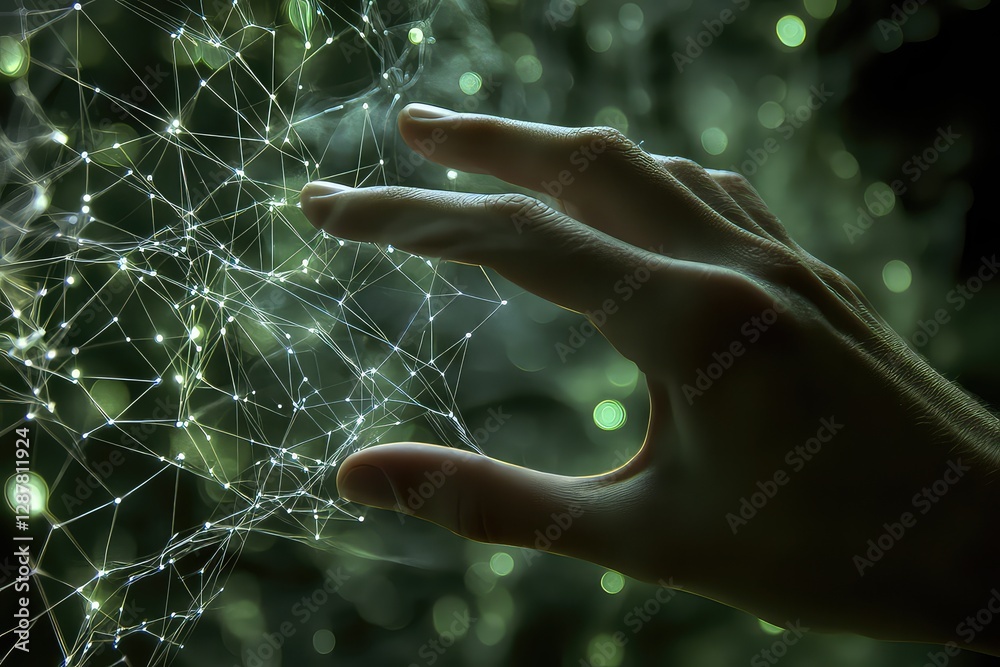 A global technology metaphor where a hand interacts with a web of ...