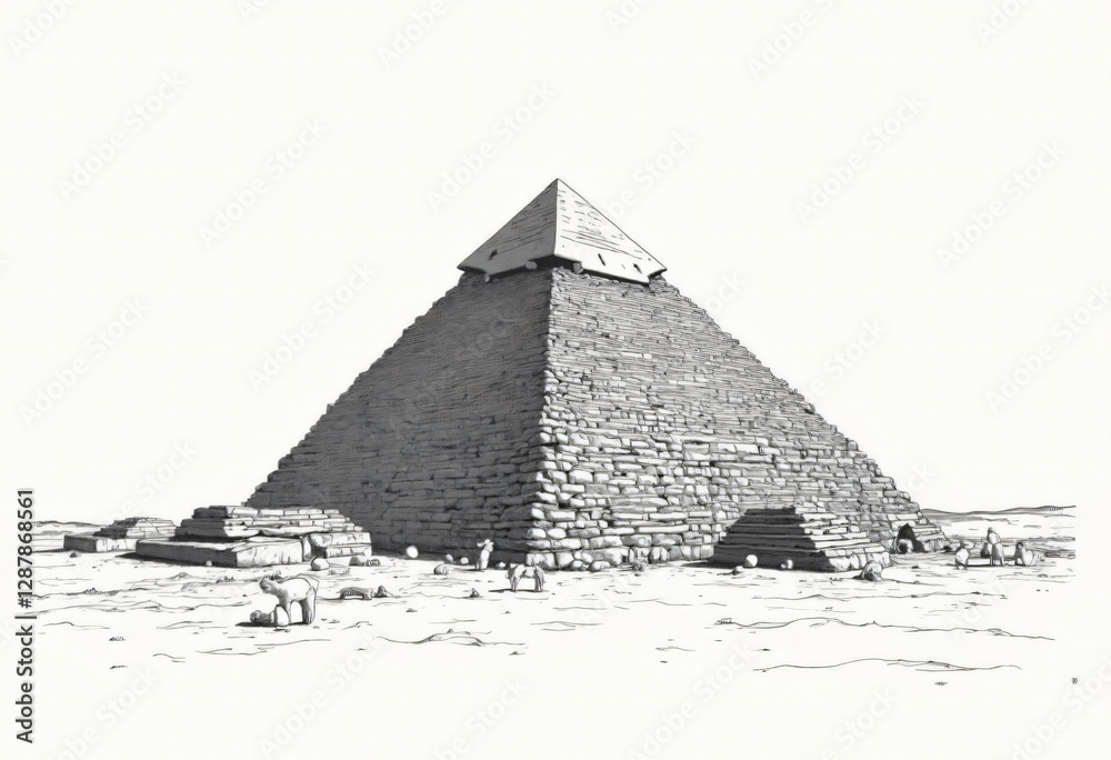 Great Pyramid of Giza Sketch with Workers and Goats in the Desert Stock ...