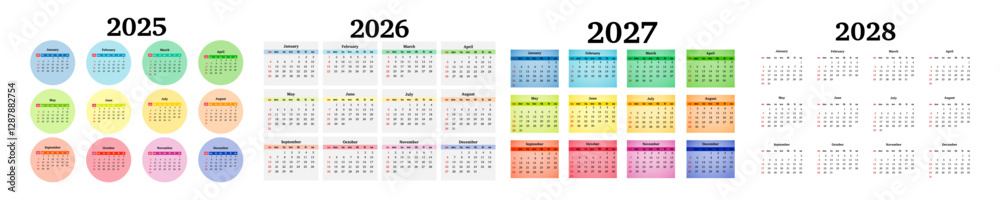 Set of calendars for 2025, 2026, 2027 and 2028 on a white background ...