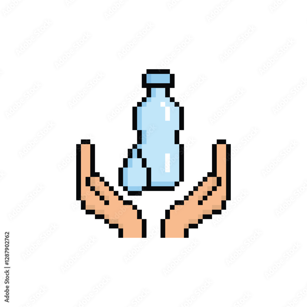 pixel hand holding bottle of water drop icon. Vector pixel art water ...