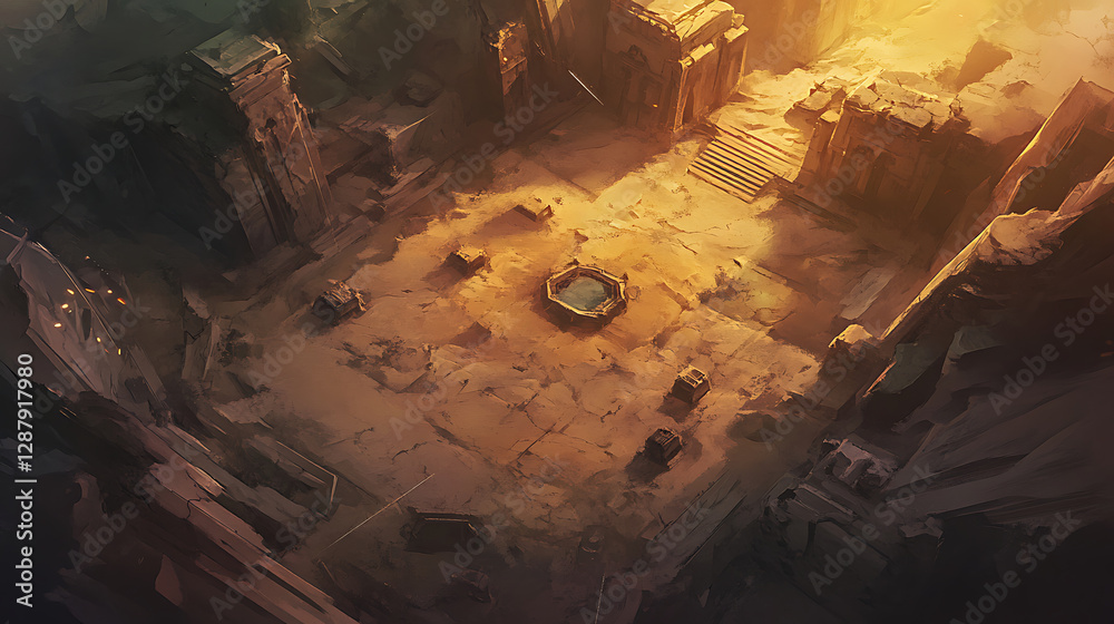 Isometric Pixelated Game Map Depicting Desert Arena Under Dramatic ...