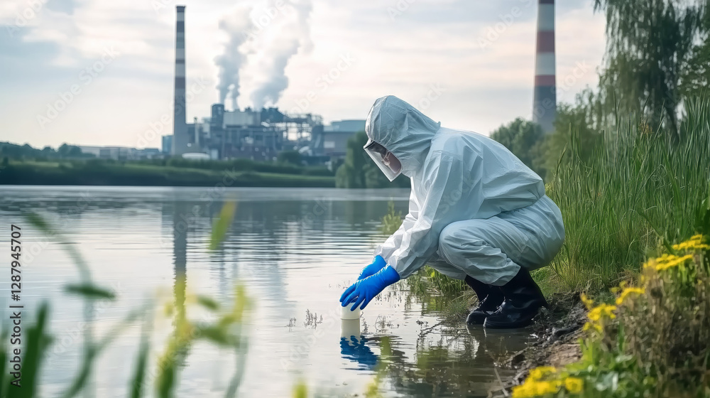 An environmental engineer in protective gear meticulously collects a ...