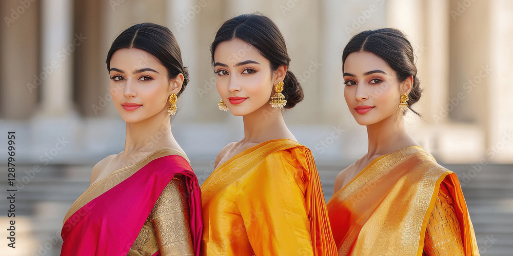 young indian women group wearing traditional sari standing together ...