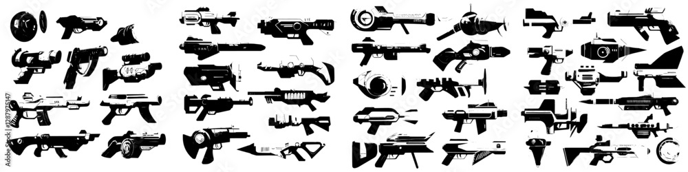 Toys including blaster guns, cartoonish modern handguns, and rayguns ...