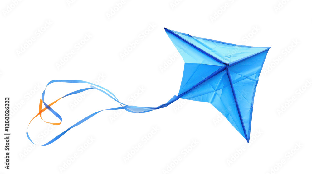 Blue kite flying with orange and blue ribbons on transparent background ...