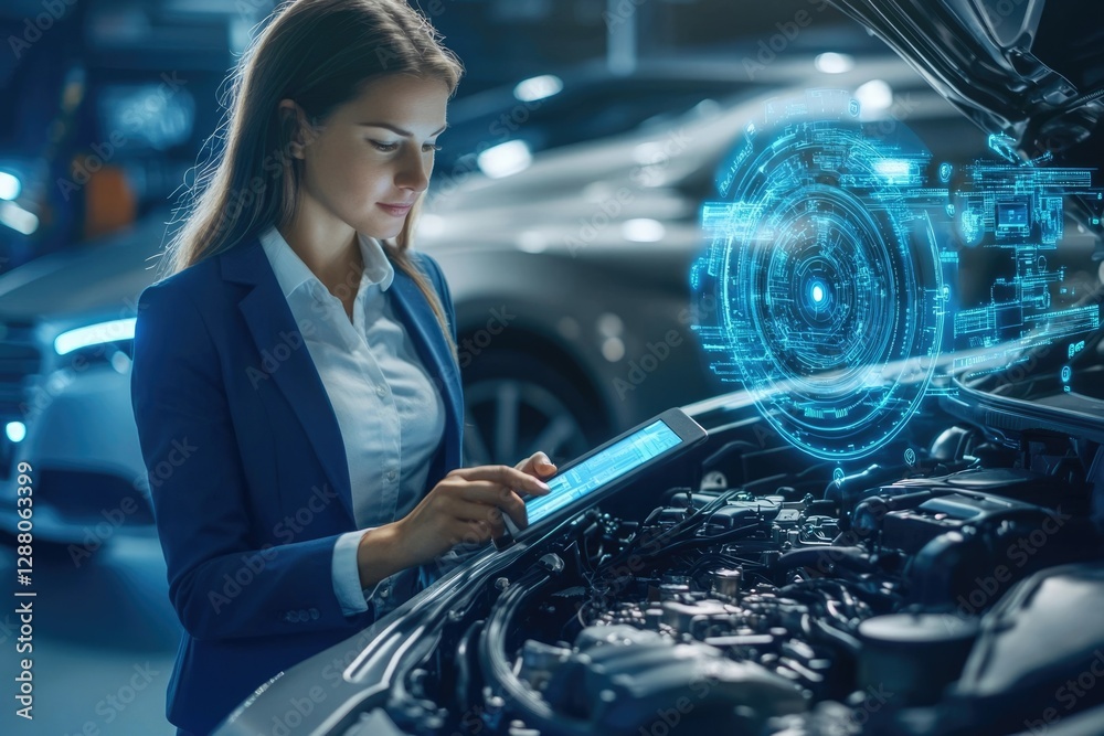ภาพถ่าย Stock A female automotive engineer uses a tablet to diagnose a ...