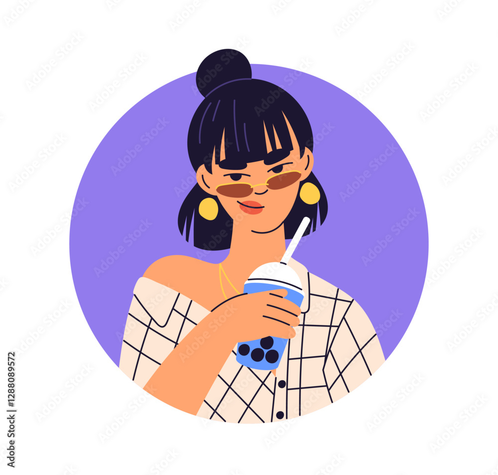 Asian girl portrait. Young female avatar with sunglasses, holding boba ...