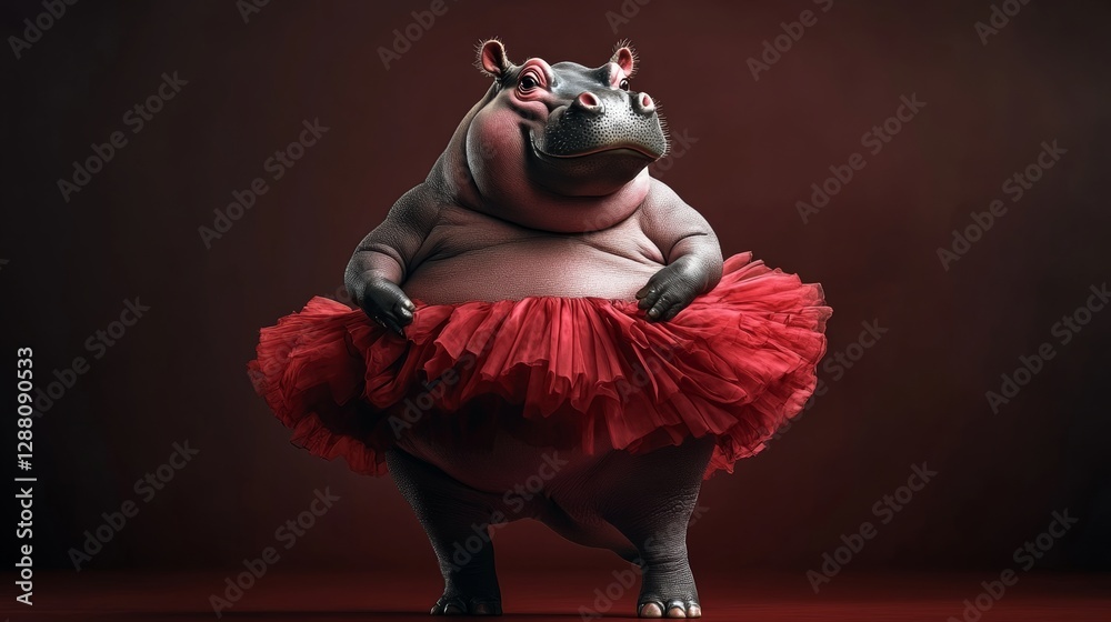 Large, fat hippo is wearing a red tutu. The image is a cartoonish ...