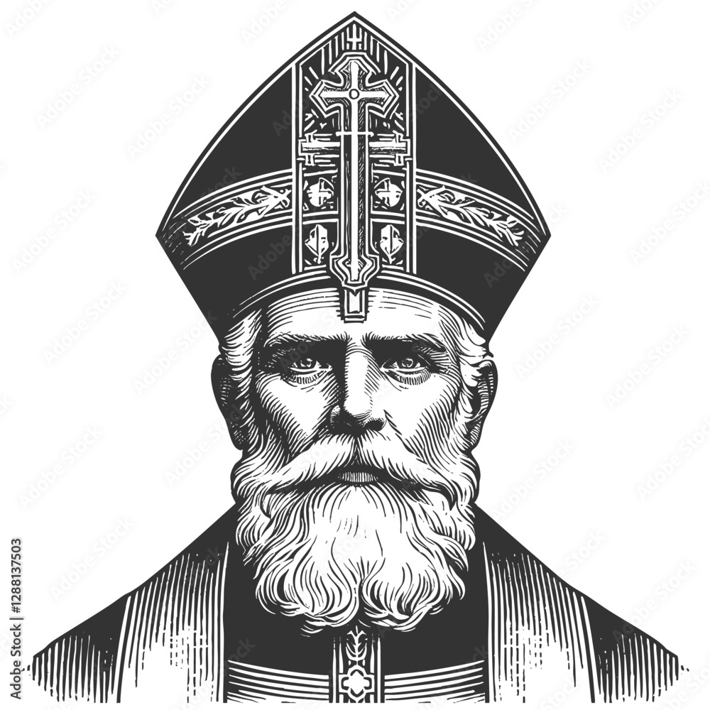 Orthodox clergyman wearing an ornate mitre and religious vestments ...