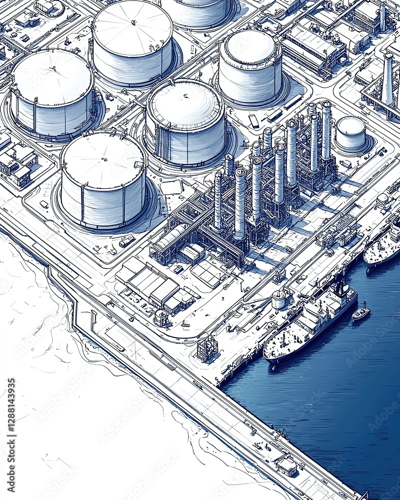 Aerial View Oil Gas Terminal Line drawn . Minimalist line drawing ...